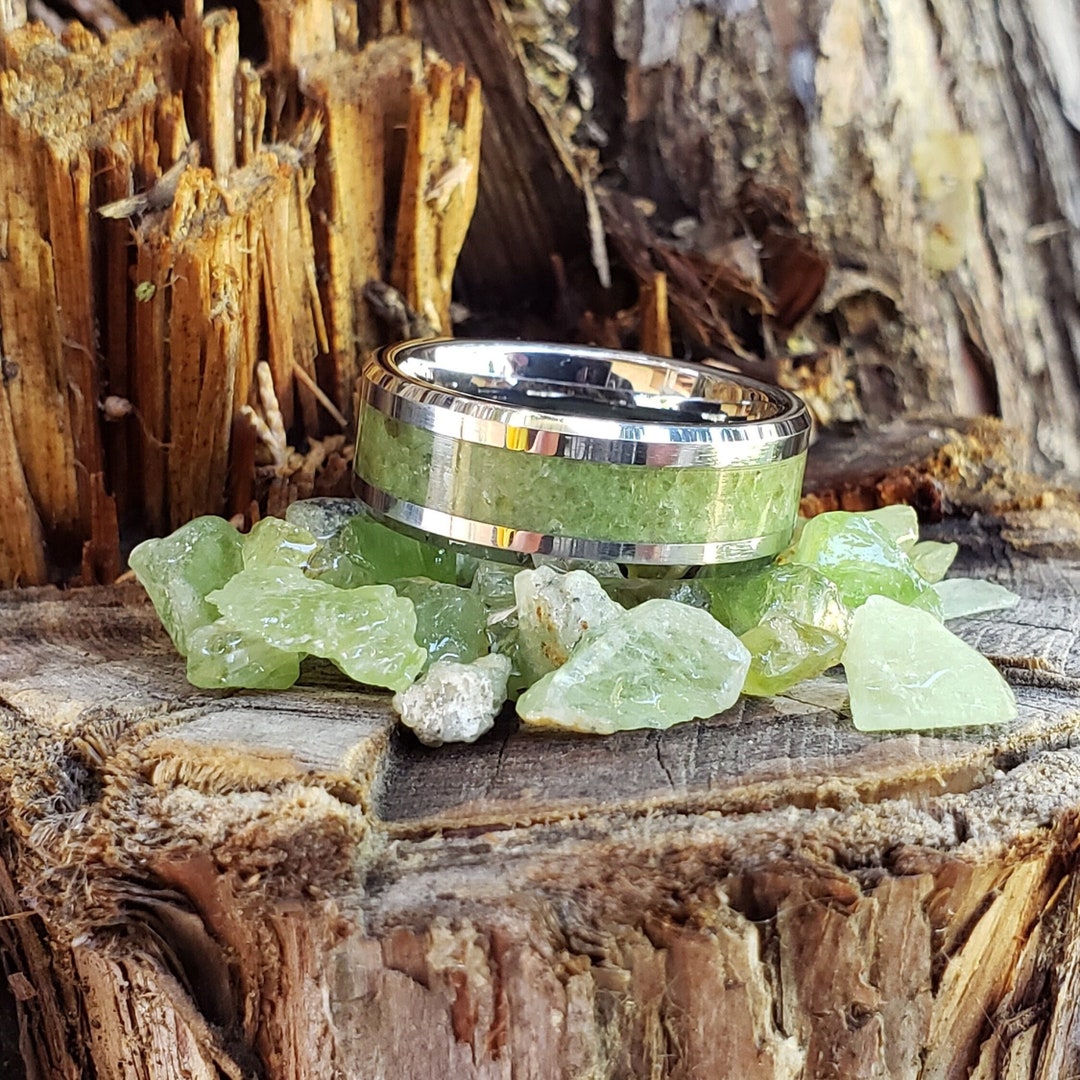 Hawaiian Tears Ring - Peridot Crystal Inlay, Tungsten Titanium Ceramic ...