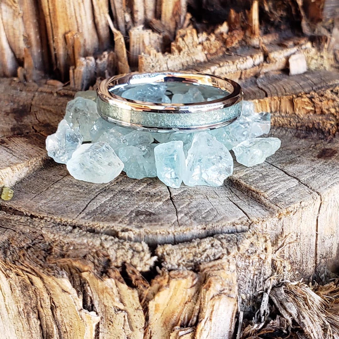 Open Sea Ring - Aquamarine Stacking Crystal Inlay, Tungsten Titanium ...