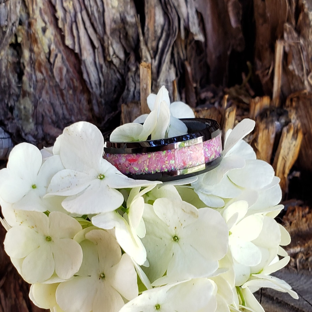 Pink Dream Opal Crystal Inlay Ring, Ceramic Band, Men & Women, Wedding ...