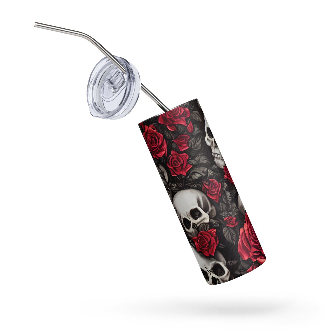 Stainless Steel Tumbler | Goth Skulls and Roses Cup | Black Red Flowers ...