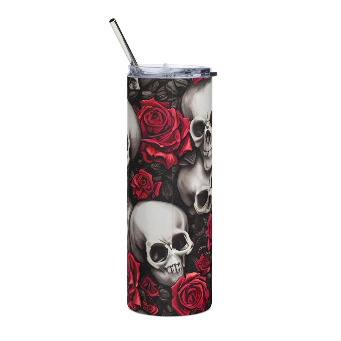 Stainless Steel Tumbler | Goth Skulls and Roses Cup | Black Red Flowers ...
