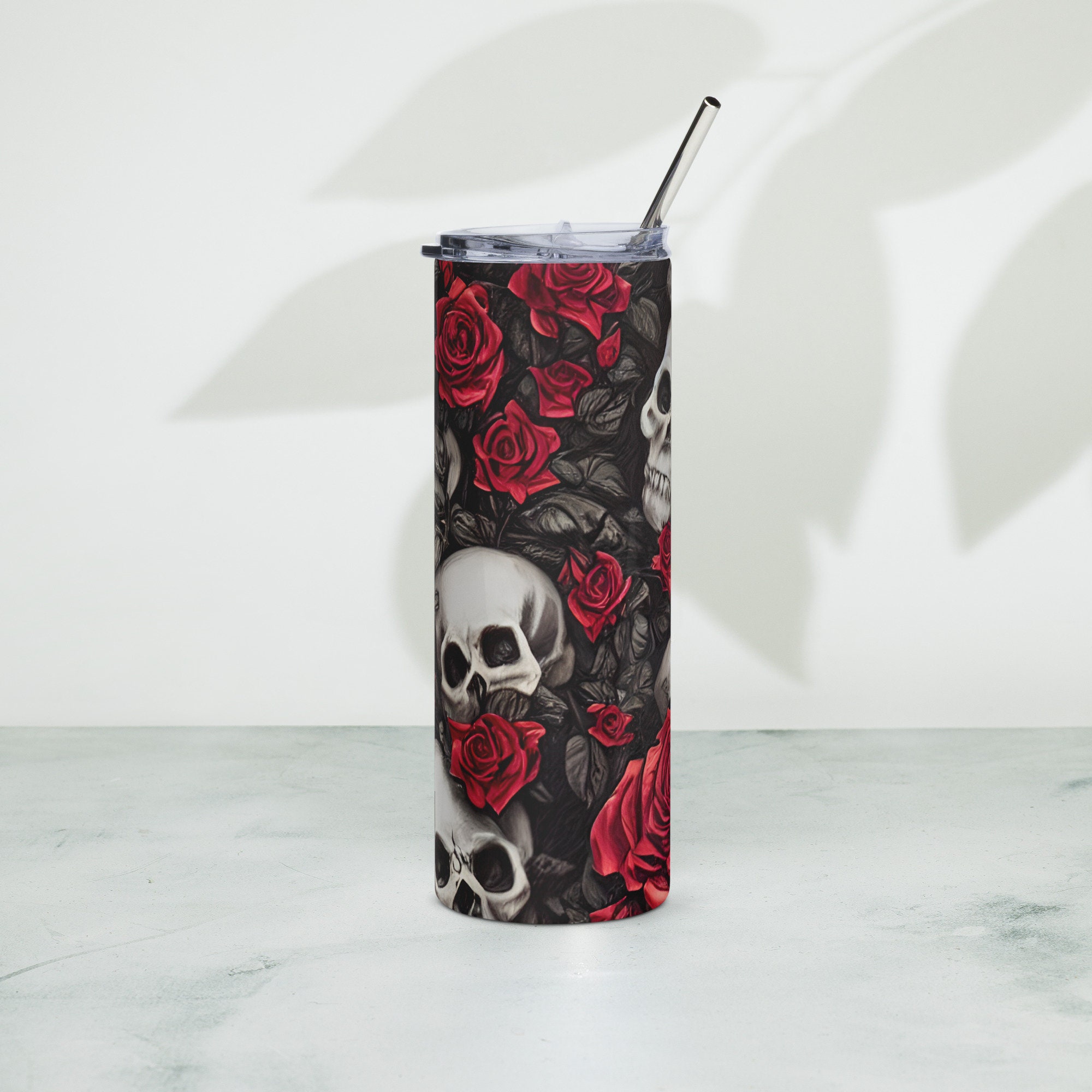 Stainless Steel Tumbler | Goth Skulls and Roses Cup | Black Red Flowers ...