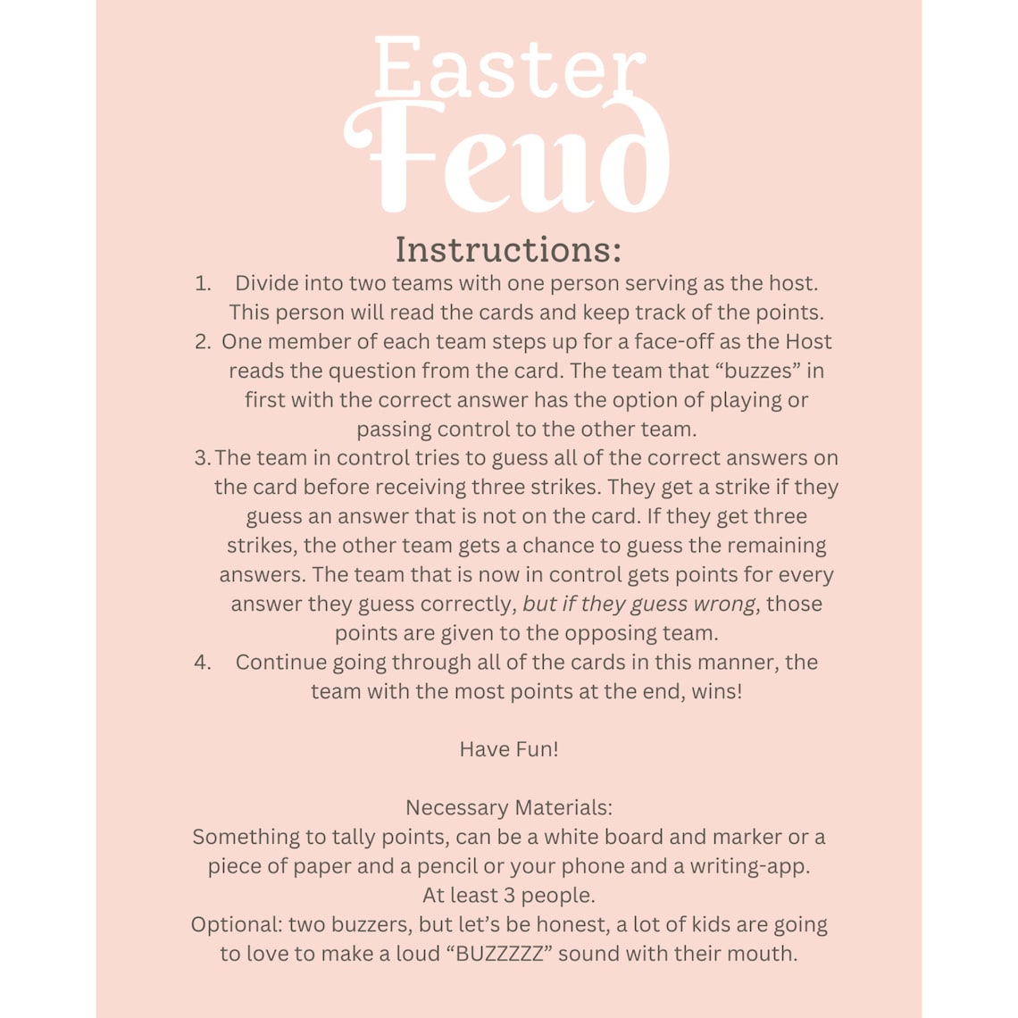 Printable Easter Feud, 10 Round Quiz Game With a Secular Easter Theme ...
