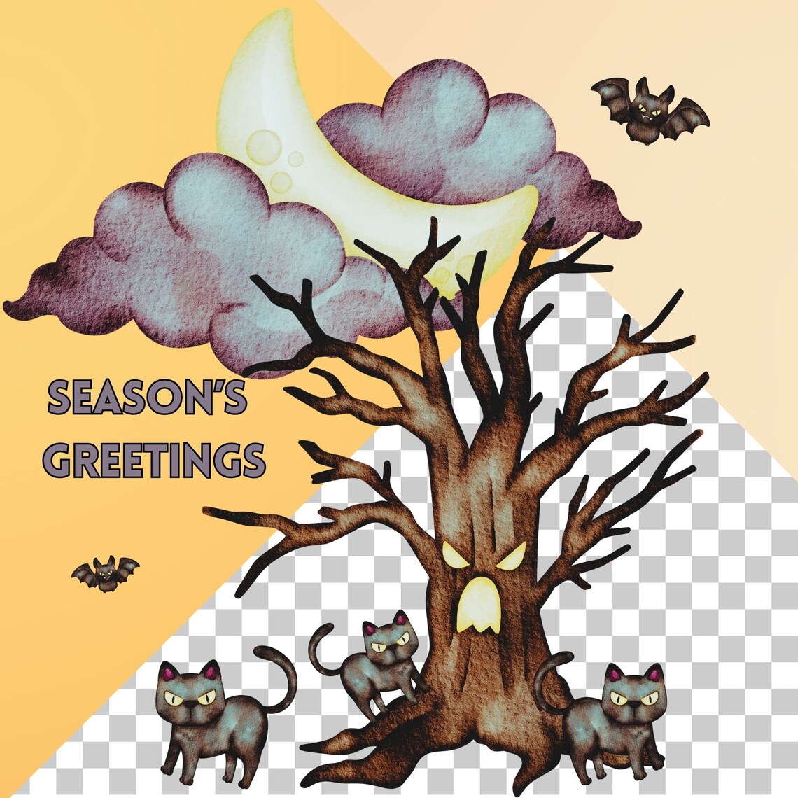 Cute Halloween Cats and Bats Watercolor PNG - Bat Clipart - Halloween ...