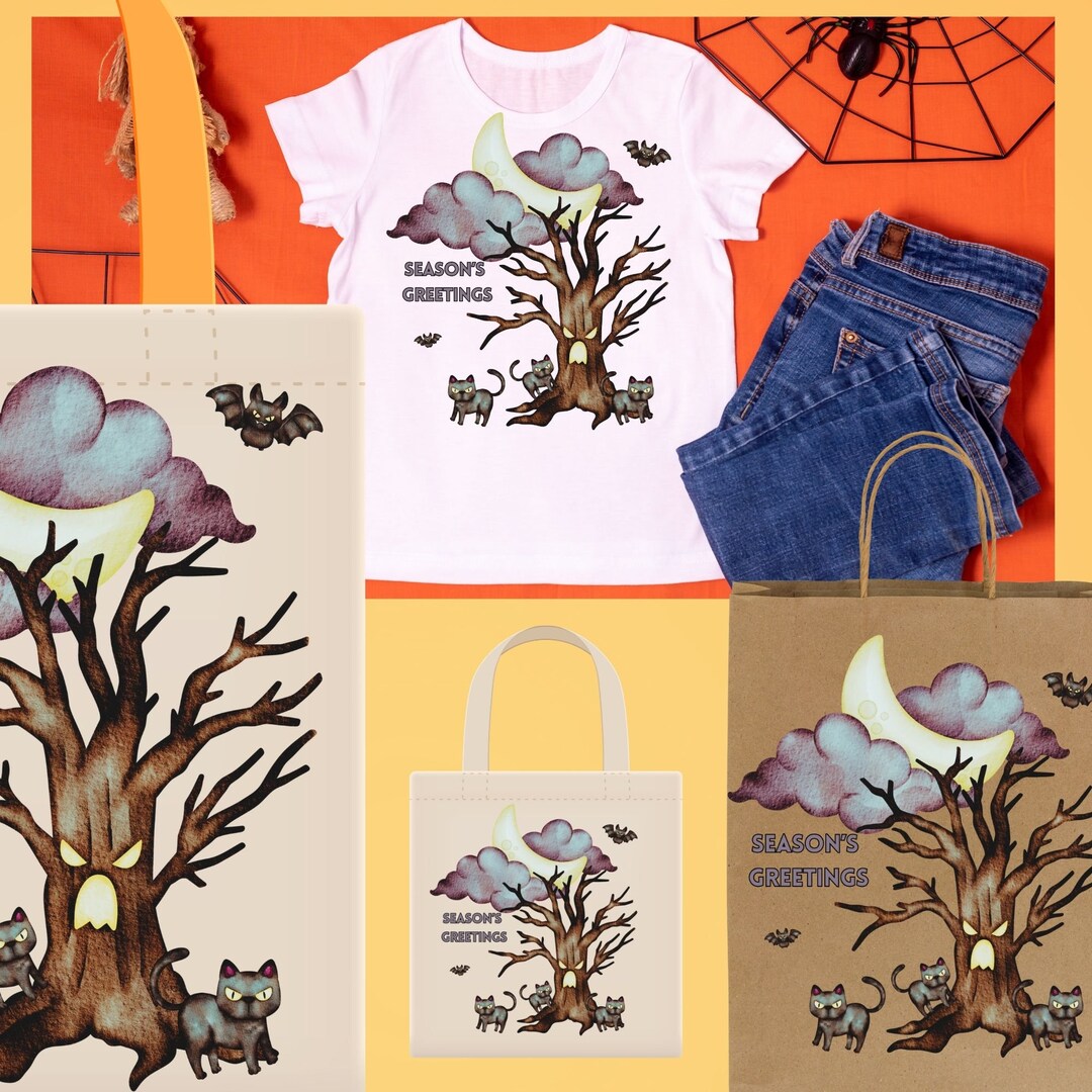 Cute Halloween Cats and Bats Watercolor PNG - Bat Clipart - Halloween ...