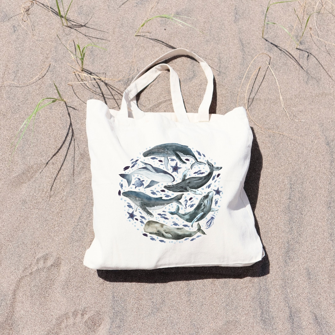 Watercolor Ocean Animals Humpback Whales Aesthetic Canvas Bag, Surf ...