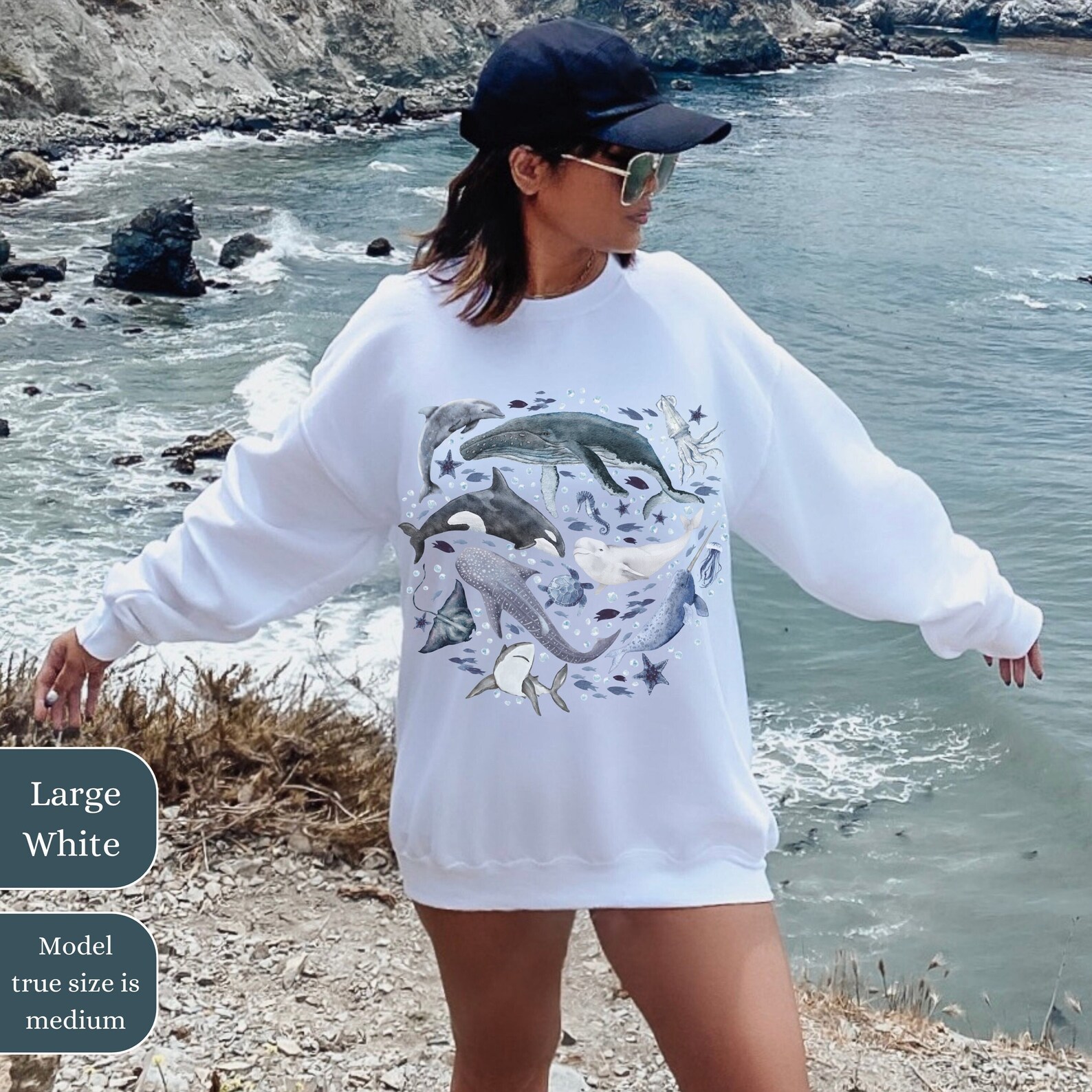 Watercolor Ocean Animals Whales Crewneck Sweatshirt, Surf Beach ...