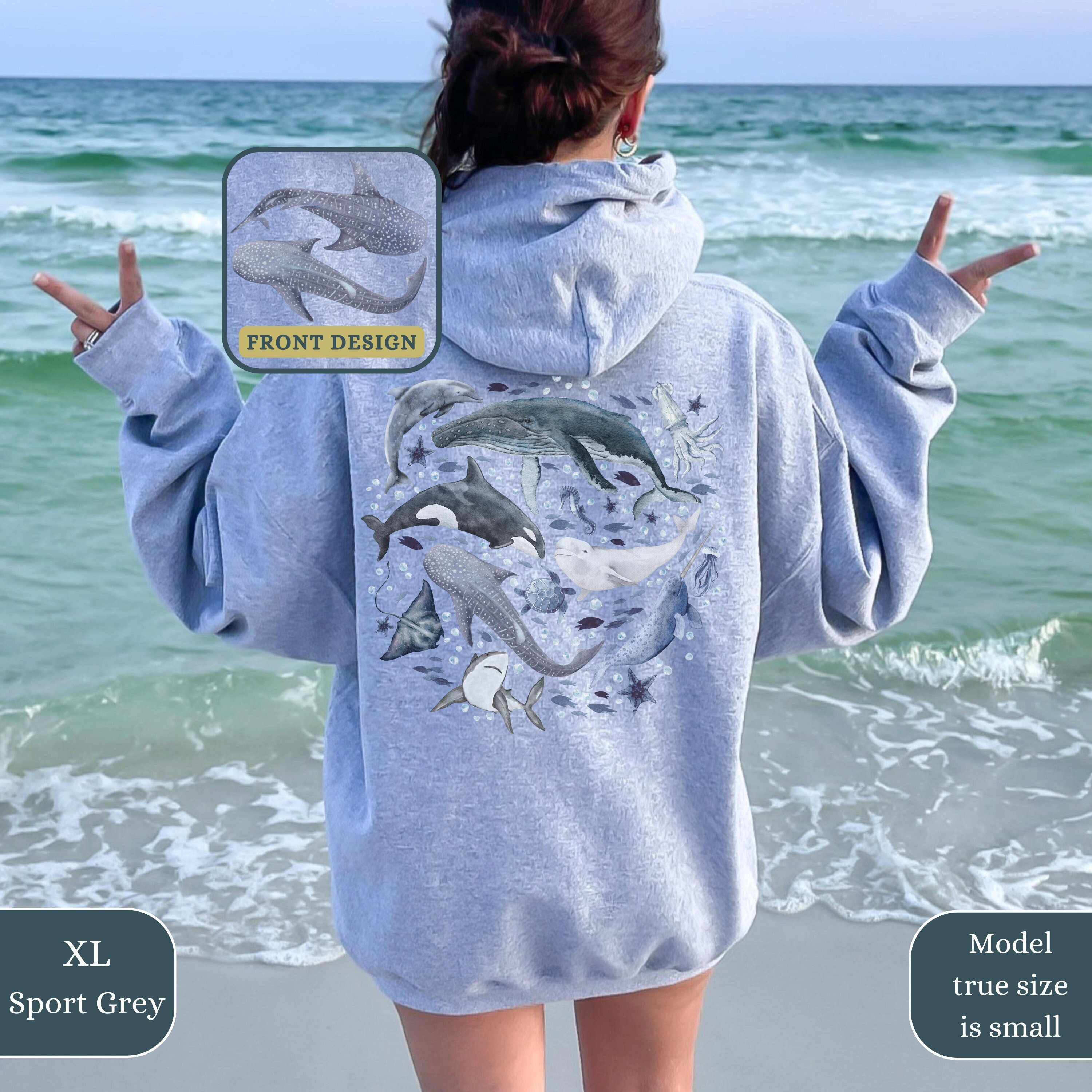 Watercolor Ocean Animal Whale Shark Hoodie Back and Front Printing ...