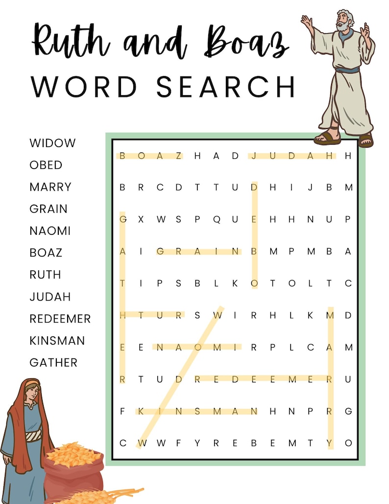 RUTH AND BOAZ Word Search Worksheet for Vbs, Sunday School, Kids ...