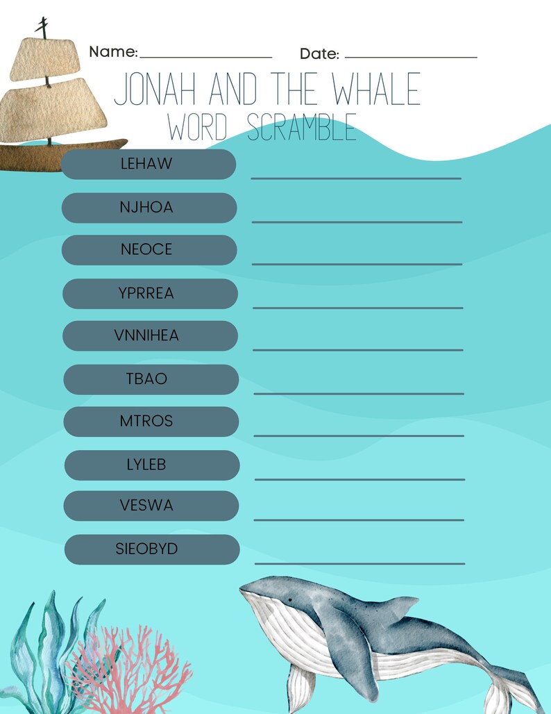 JONAH and the WHALE Word Scramble, BIBLE Story Worksheet, Sunday School ...