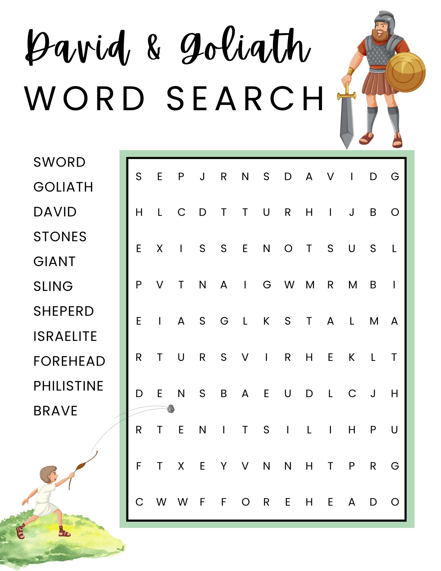 DAVID AND GOLIATH Word Search Worksheet for Vbs, Sunday School, Kids ...