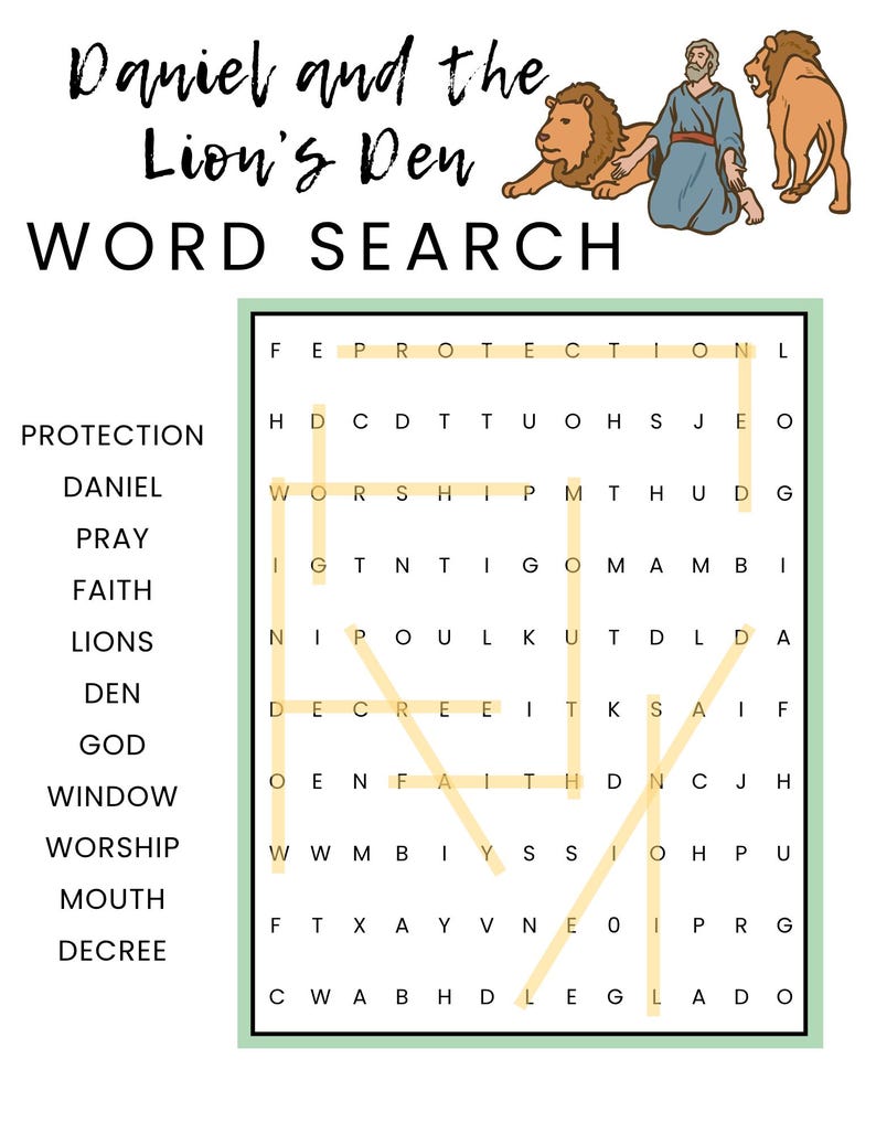 DANIEL and the LIONS DEN Word Search Worksheet for Vbs, Sunday School ...