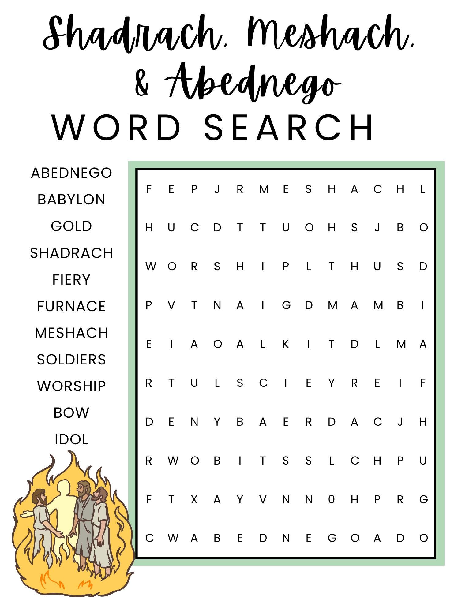 SHADRACH, MESHACH, ABEDNEGO Word Search Worksheet for Vbs, Sunday School, Kids Homeschool, Bible ...