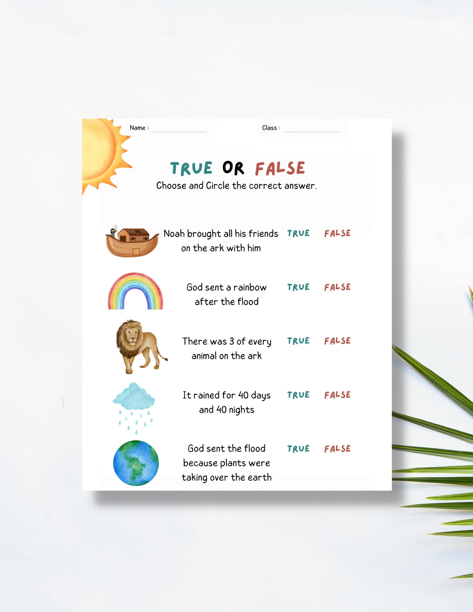 NOAH'S ARK WORKSHEET True or False for Vbs, Sunday School, Activities ...