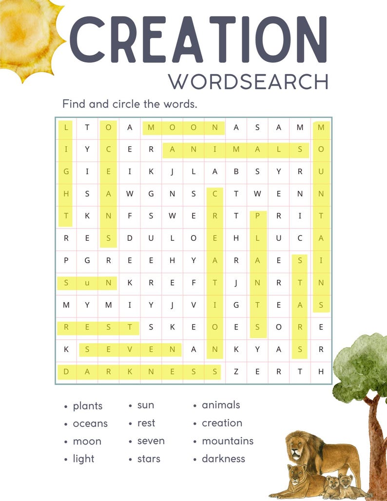 CREATION WORD SEARCH Worksheet for Vbs, Sunday School, Kids Homeschool ...