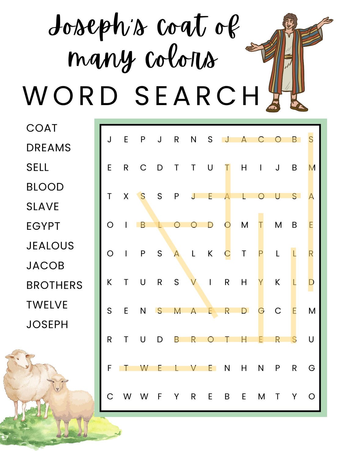 JOSEPH'S COAT of Many COLORS Word Search Worksheet for Vbs, Sunday ...
