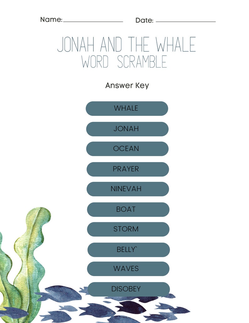 JONAH and the WHALE Word Scramble, BIBLE Story Worksheet, Sunday School ...