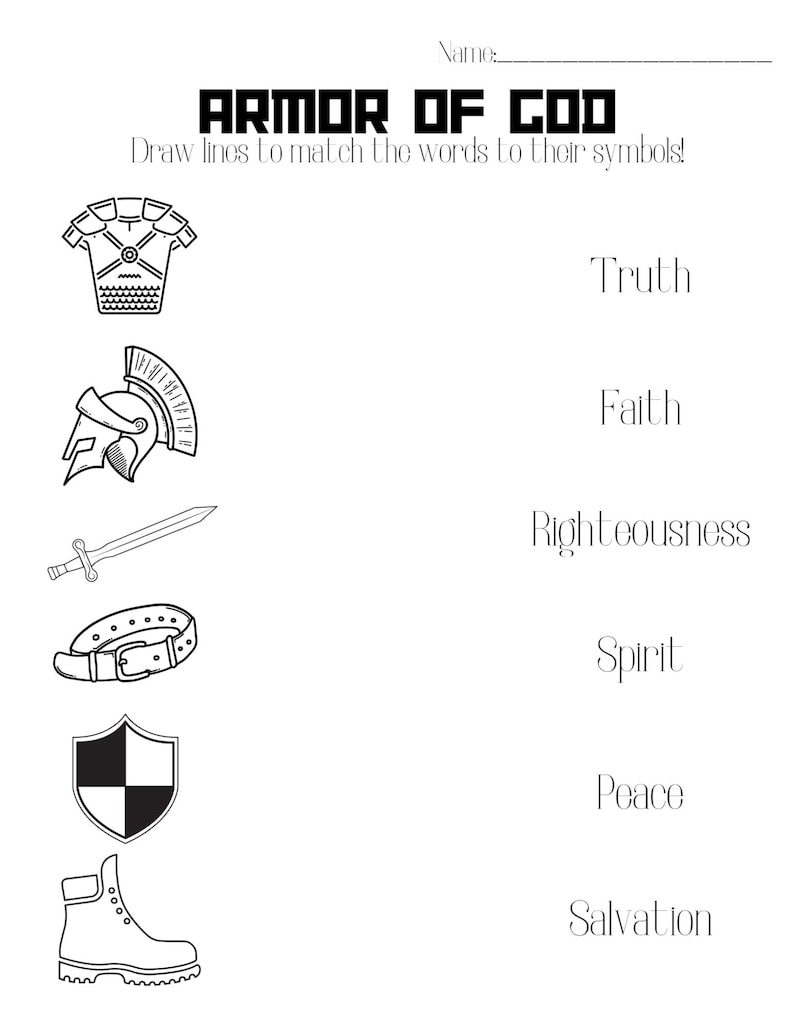 ARMOR OF GOD Worksheet Package With Matching and Maze for Kids Sunday ...