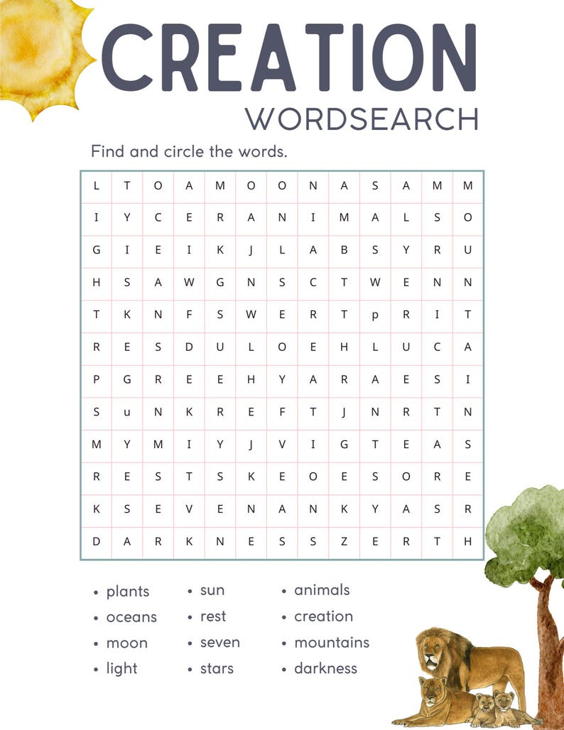 CREATION WORD SEARCH Worksheet for Vbs, Sunday School, Kids Homeschool ...