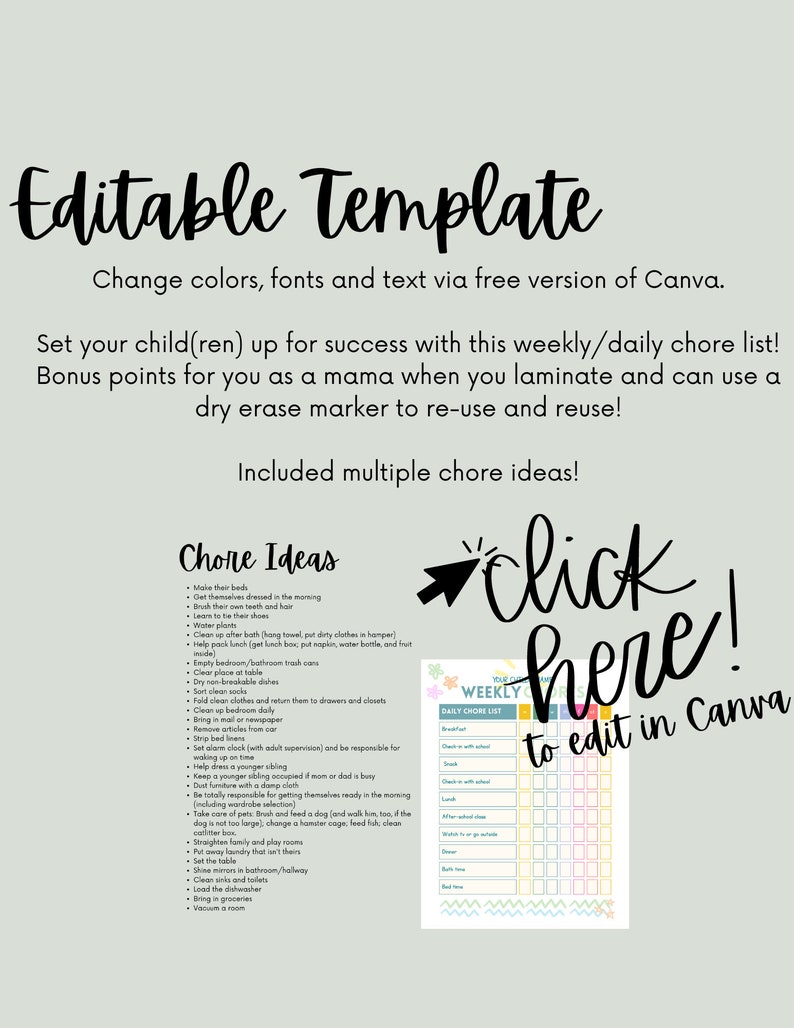 Children's Chore List Template - Etsy