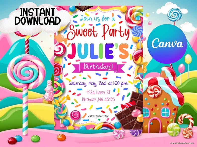 Candy Birthday Invitation: Editable Sweet Party Template (digital ...