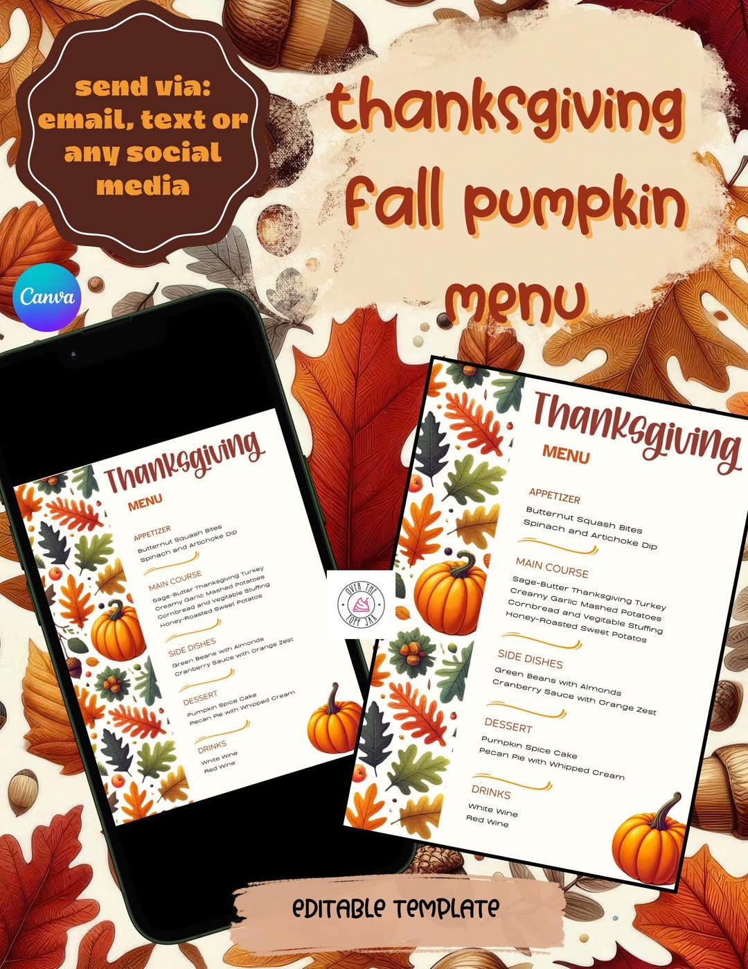 Thanksgiving Editable Menu Fall Leaves & Pumpkin - Etsy