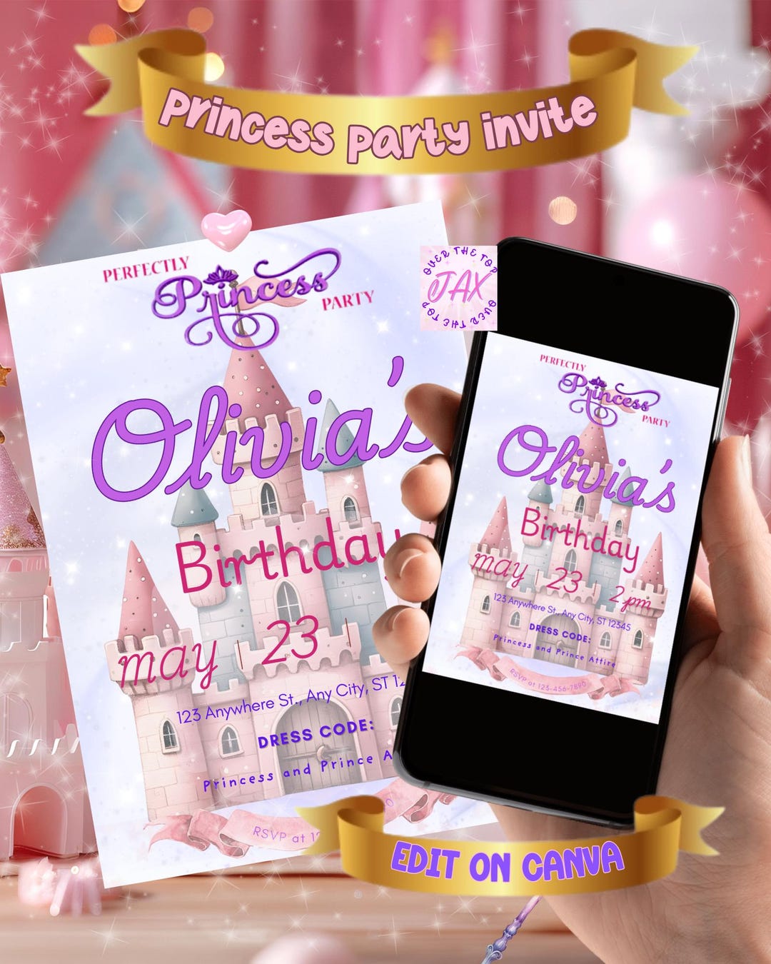 Pink & Purple Princess Birthday Invitation: Castle Theme (digital ...