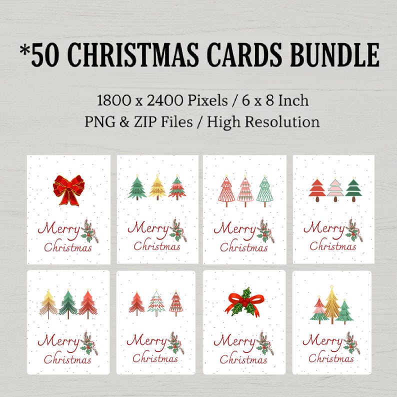 Christmas Card Bundle | 50 Digital Printable Holiday Greeting Card Set ...