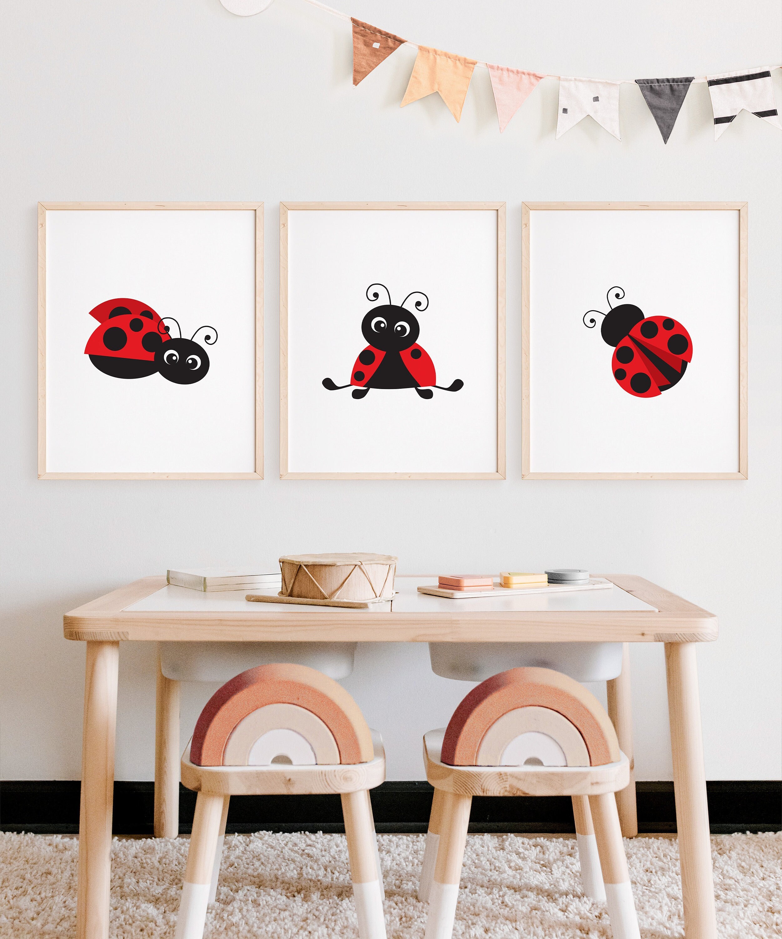 Ladybug Wall Art Decor, Set of 3 Prints, Contemporary Red Ladybird ...