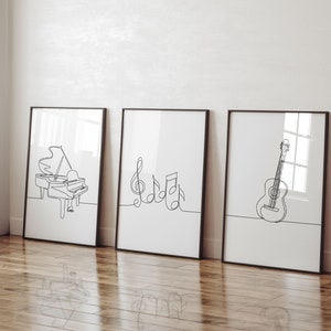 Printable Minimalist Music Print, Set of 3 Single Line Art Drawings ...