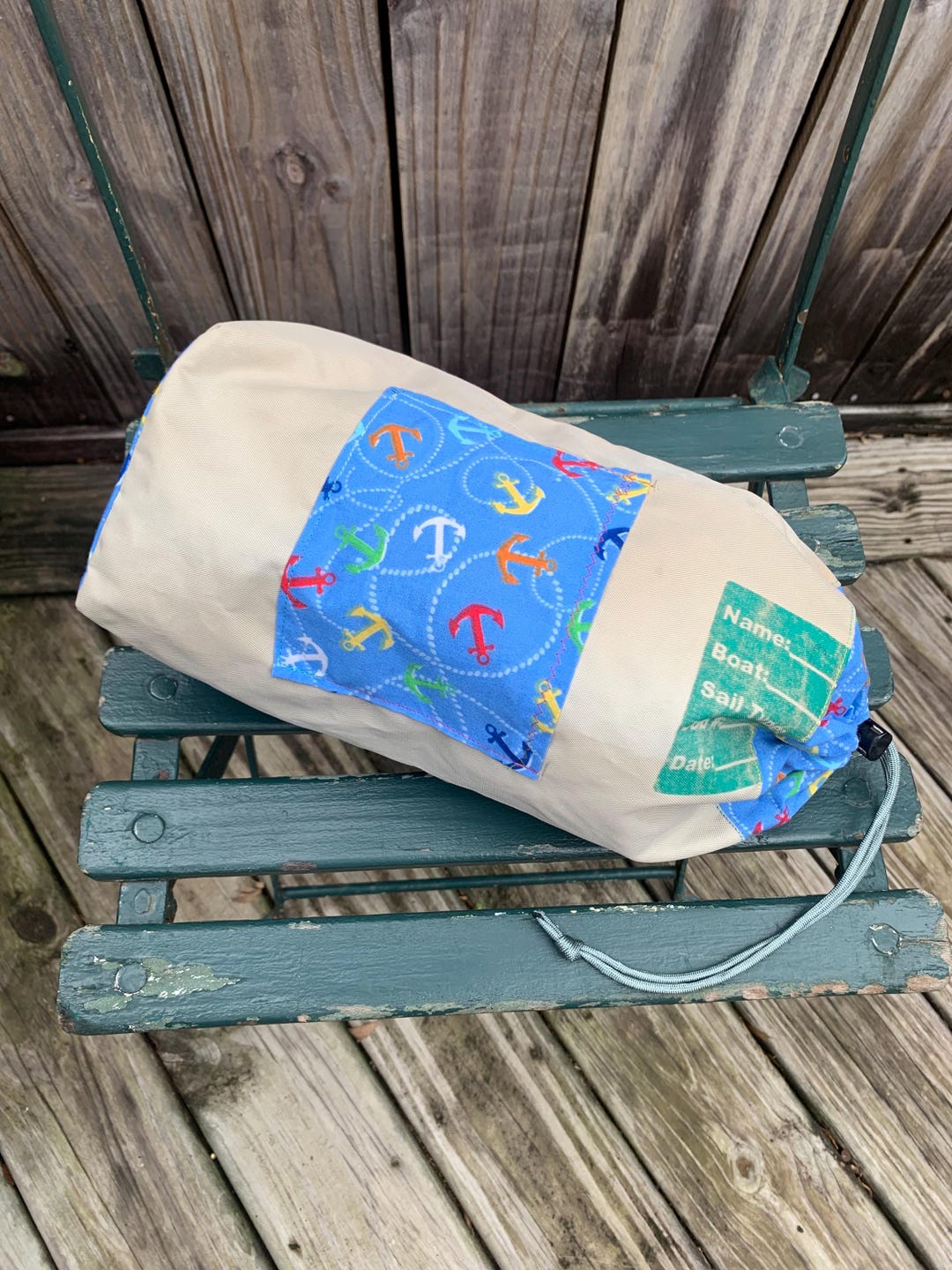 Drawstring Bag (from Old Sail Tube Bag) - Tan Opti Sail Bag, Anchor ...