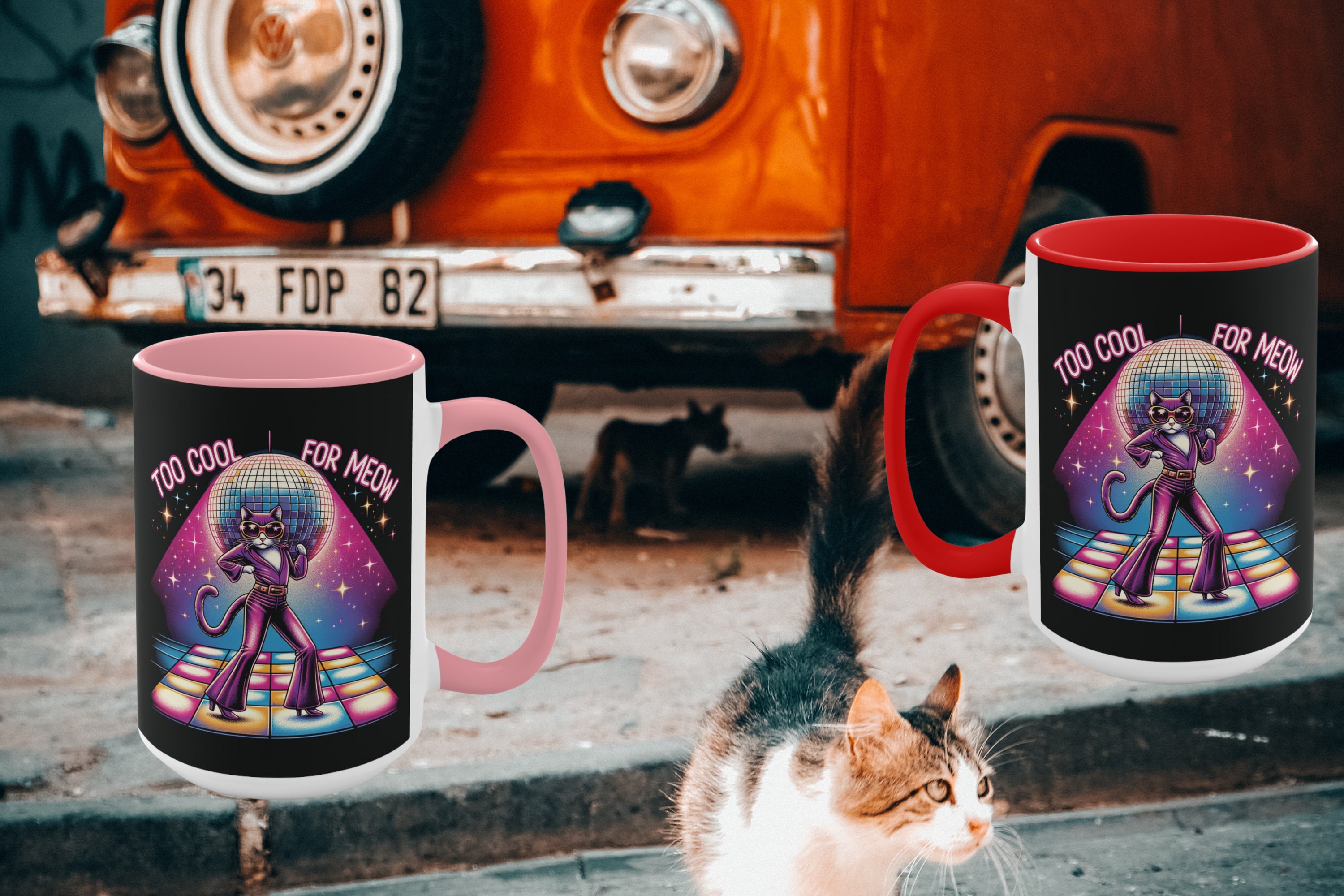 Retro Disco Cat Mug too Cool for Meow Ceramic Cup, Cat Lovers Gift ...