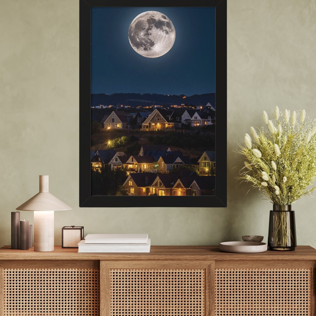 Moonlit Night Village Print Nighttime Landscape Artframed Vertical Wall ...
