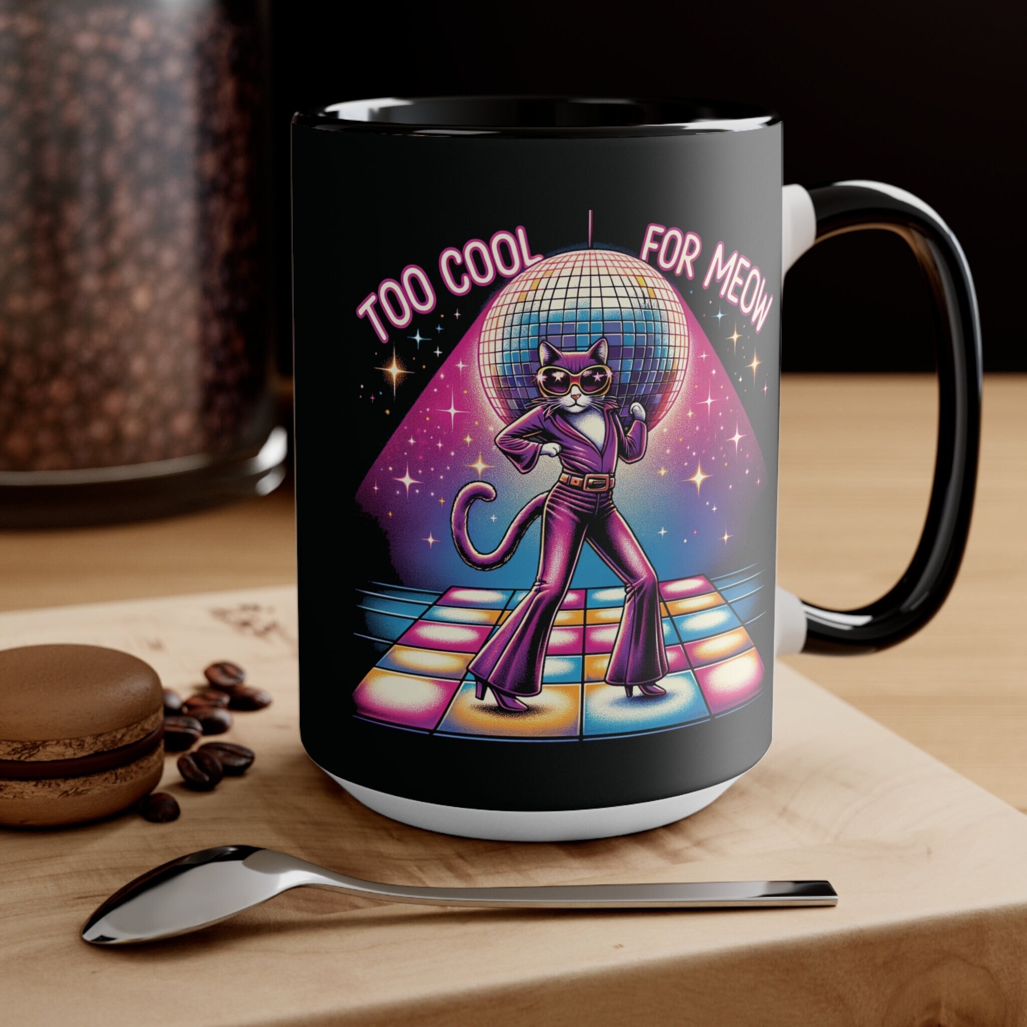 Retro Disco Cat Mug too Cool for Meow Ceramic Cup, Cat Lovers Gift ...