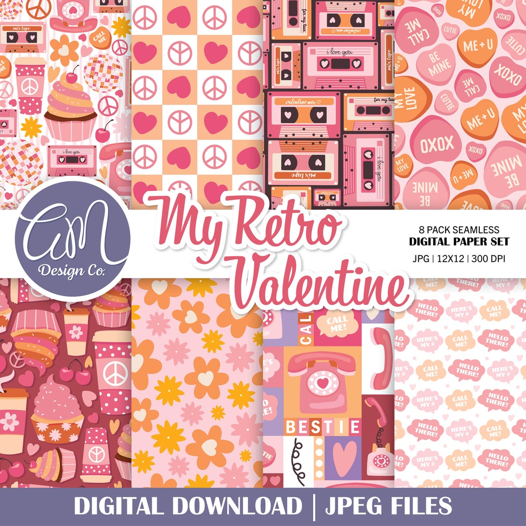 Retro Valentine Digital Paper, Hippie Daisy Seamless Pattern, Cassette ...