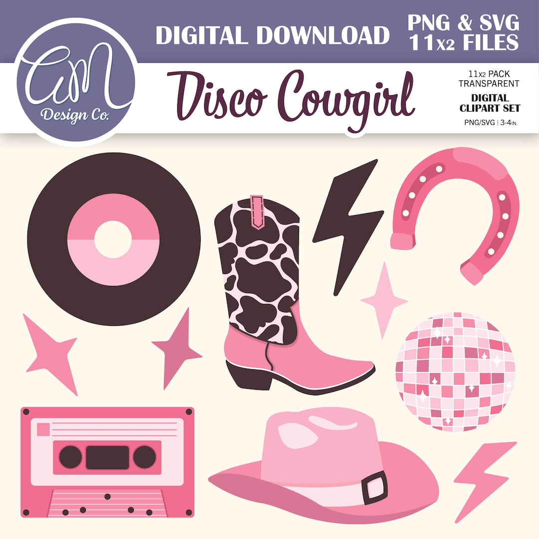 Disco Cowgirl Clipart Bundle, Pink Bachelorette Clipart, Western Rodeo ...