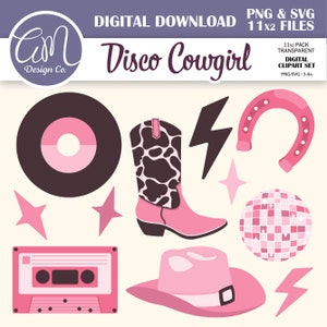 Disco Cowgirl Clipart Bundle, Pink Bachelorette Clipart, Western Rodeo ...