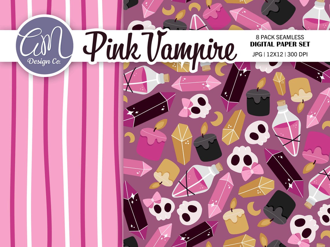 Pink Vampire Digital Paper, Halloween Seamless Pattern, Pastel Goth ...