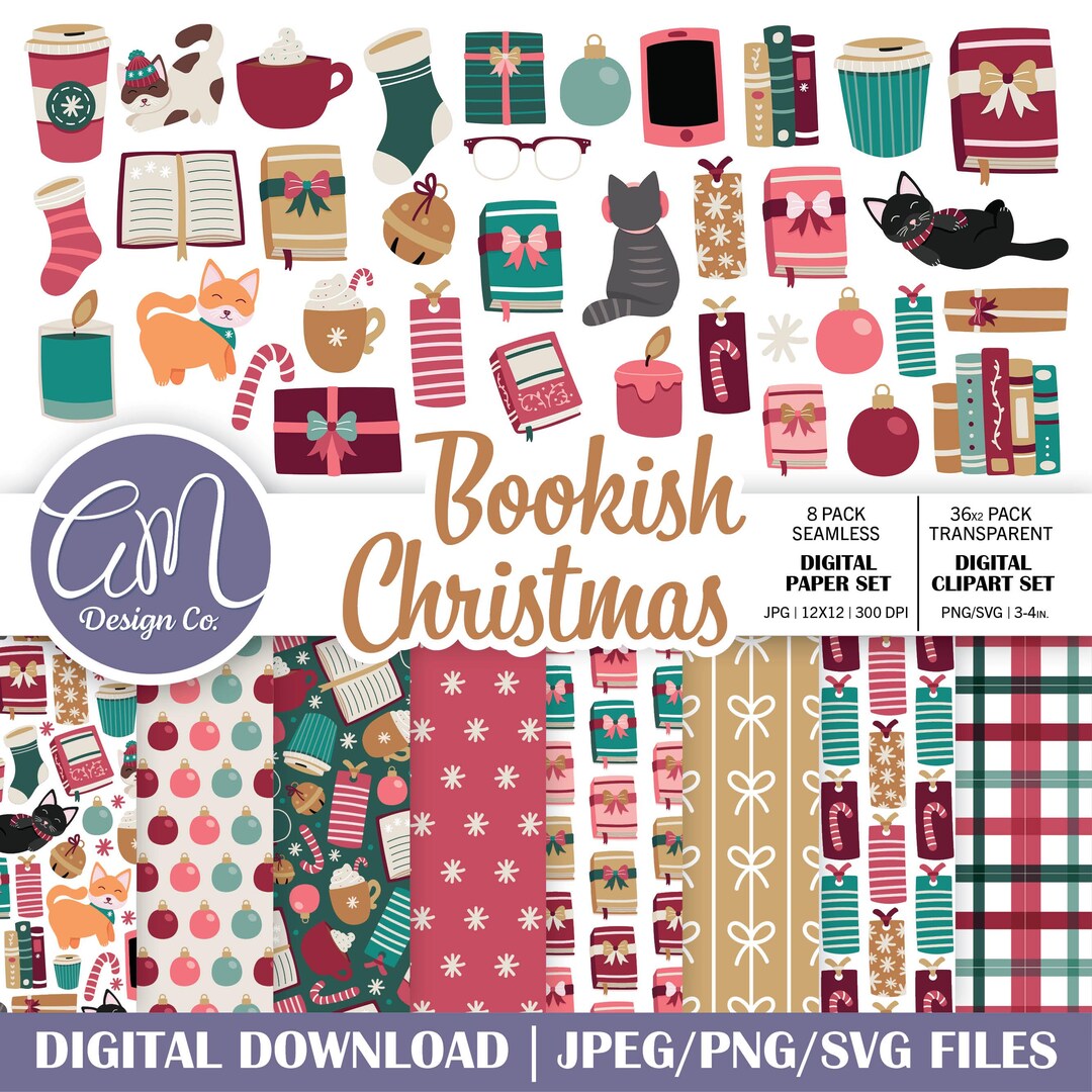 Bookish Christmas Digital Paper and Clipart Set, Holiday Seamless ...