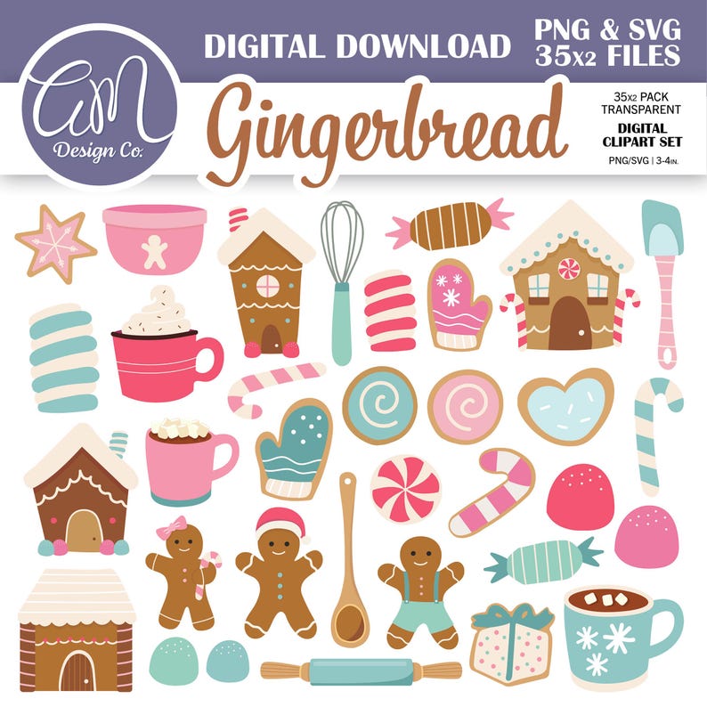 Gingerbread Clipart Bundle, Pink Christmas Clipart for Holiday Cards ...