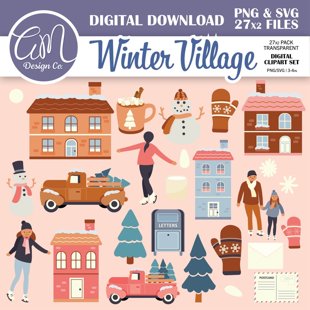 Winter Clipart Set, Christmas Svg Bundle, Red Truck, Snowman, Snowflake ...