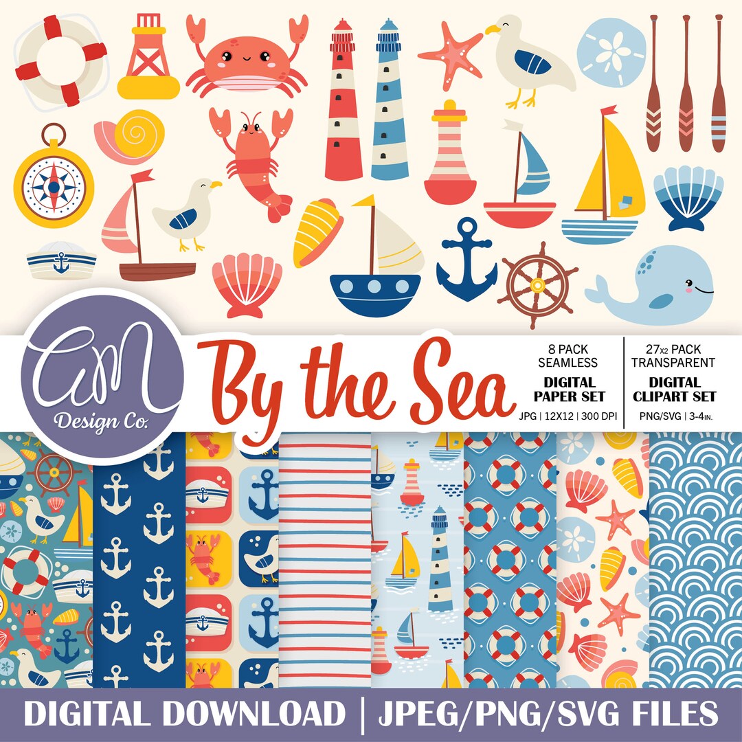 Nautical Summer Digital Paper and Clipart Set, Marine Seamless Pattern ...