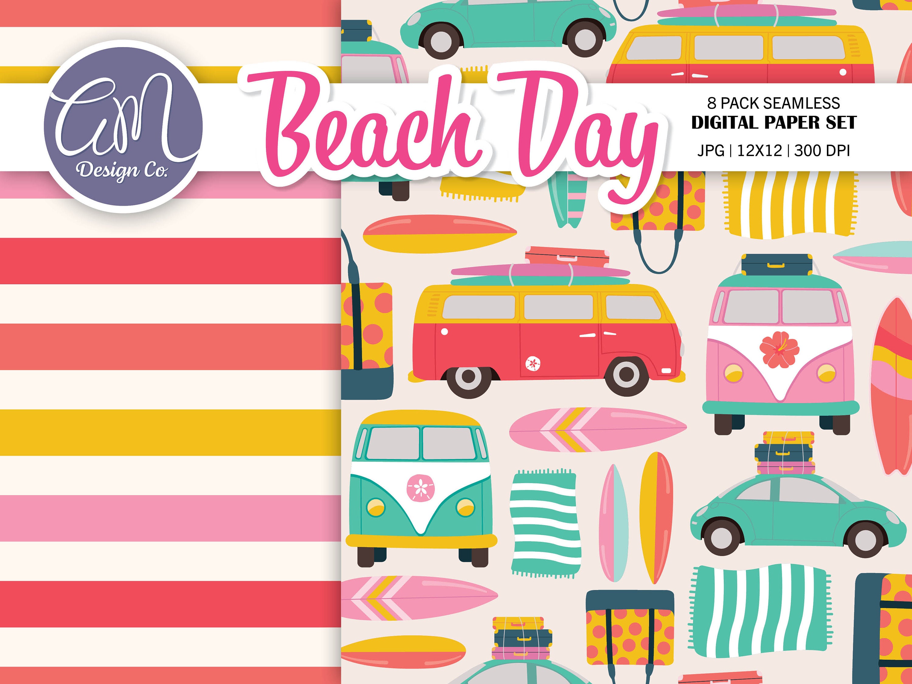Beach Vacation Digital Paper and Clipart Set, Travel Seamless Pattern ...