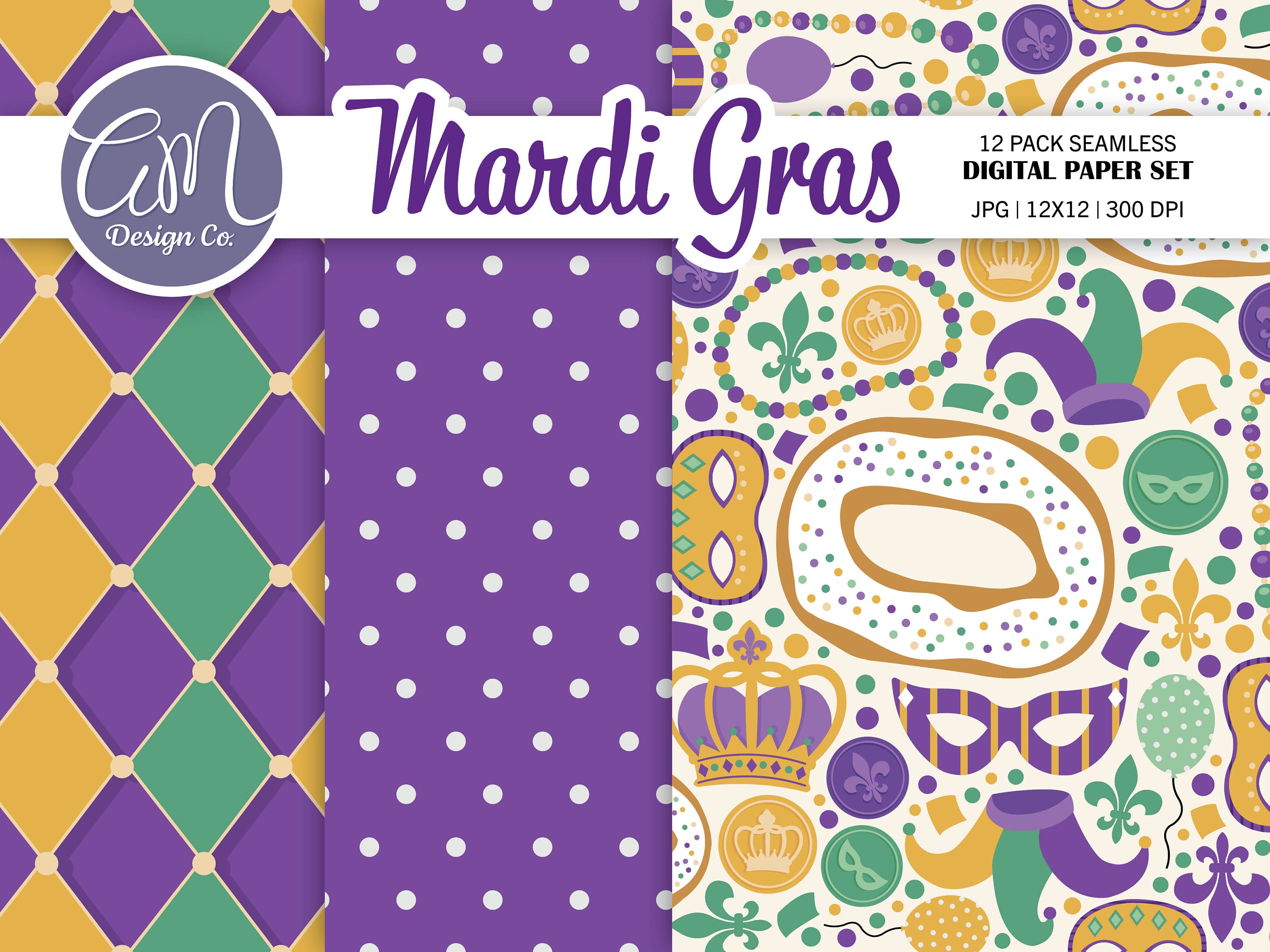 Mardi Gras Digital Paper and Clipart Set, Louisiana Fat Tuesday Clipart ...