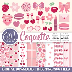 Coquette Digital Paper and Clipart Set, Bow Print Seamless Pattern ...