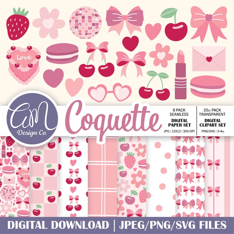 Coquette Digital Paper and Clipart Set, Bow Print Seamless Pattern ...