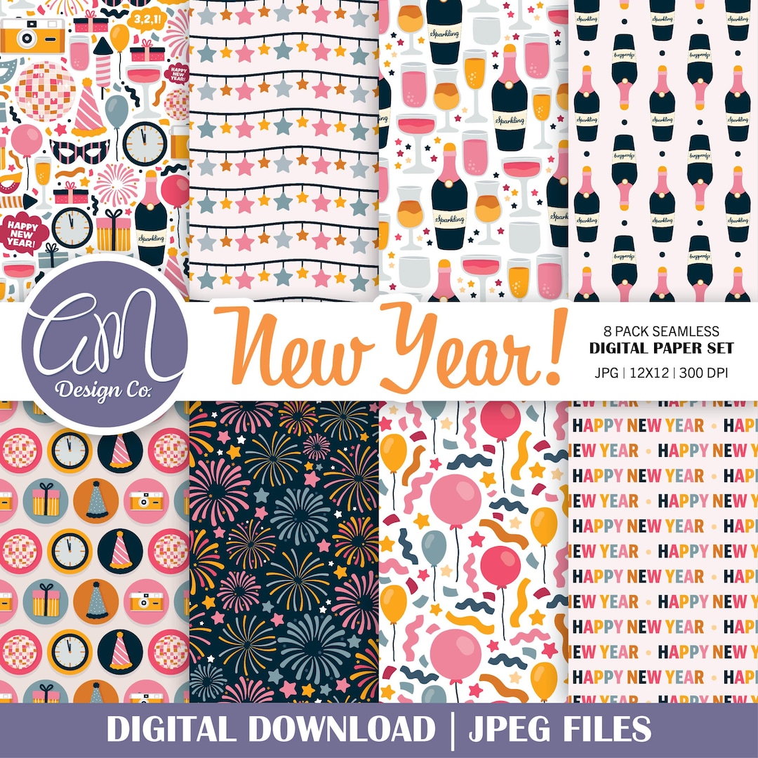 New Year Digital Paper, New Years Eve Celebration Seamless Pattern ...
