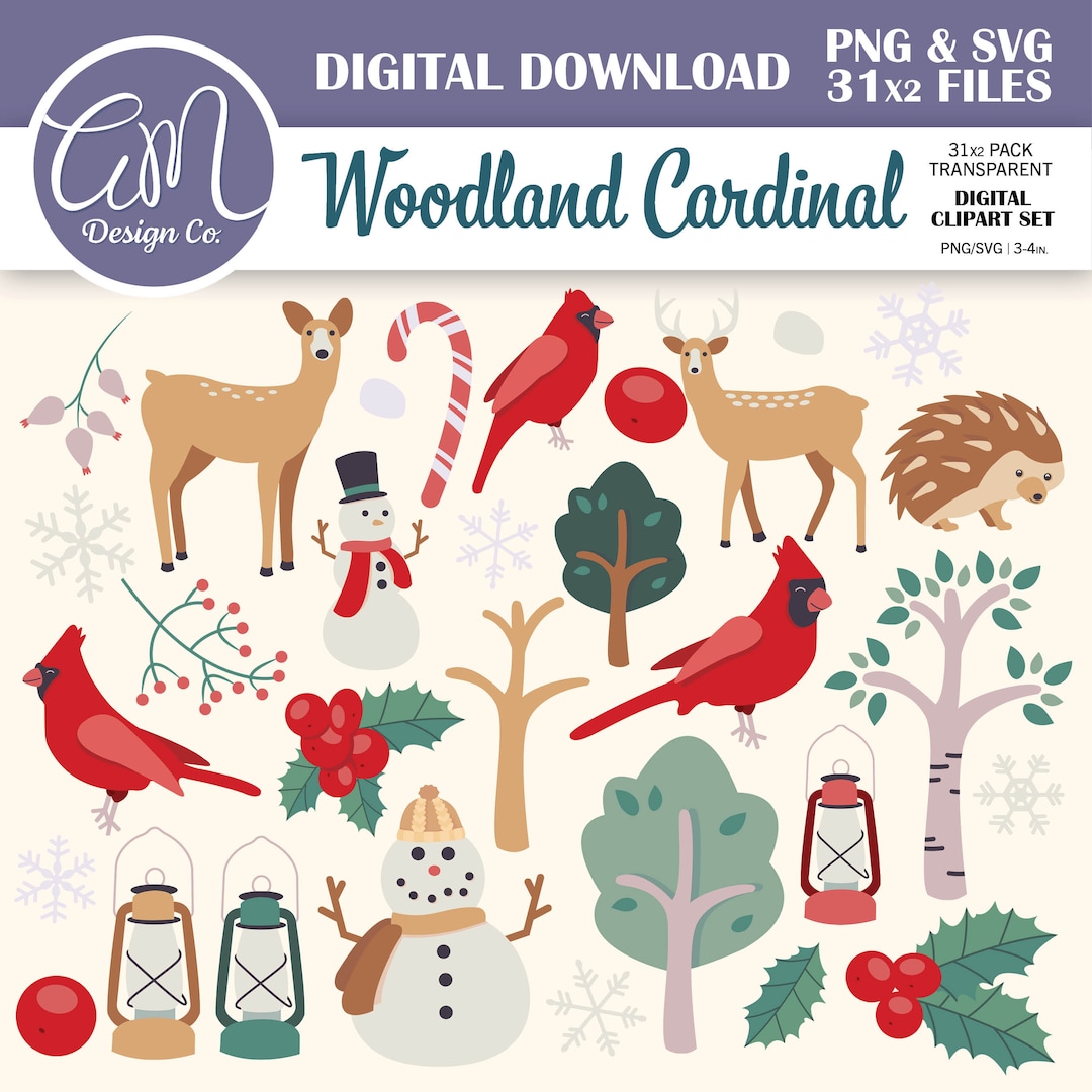 Woodland Cardinal Clipart Set, Winter Birch Tree Digital, Traditional ...