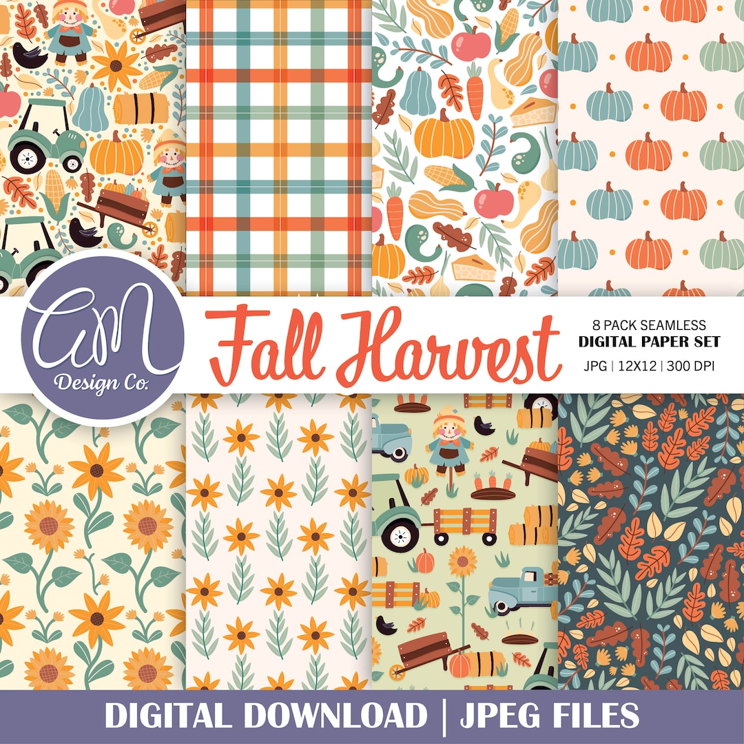Fall Harvest Digital Paper, Autumn Seamless Pattern, Pumpkin Scrapbook ...
