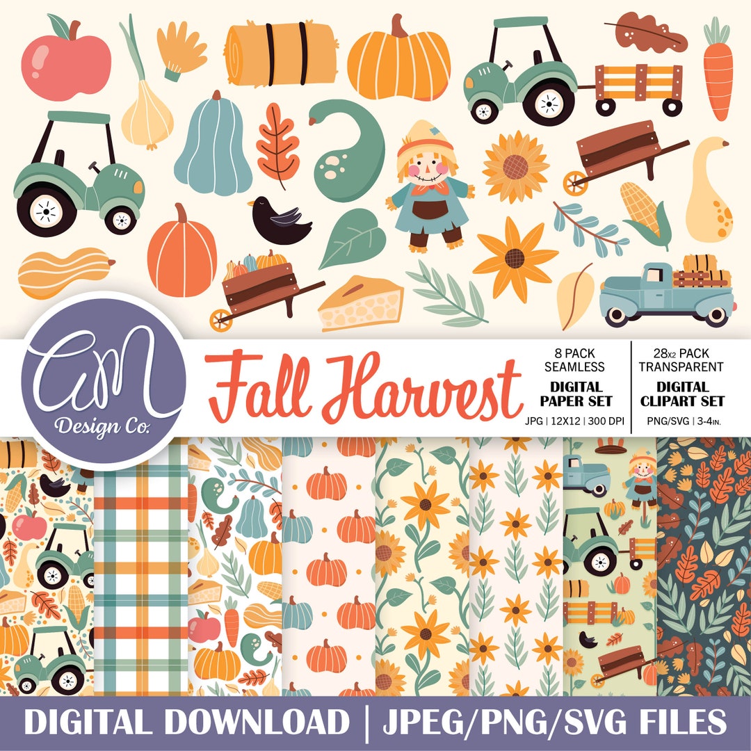 Fall Harvest Digital Paper and Clipart Set, Autumn Seamless Pattern ...
